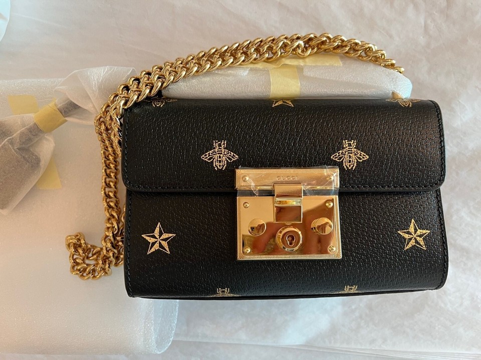 Gucci Black Bee Gold Star Padlock Italy Stars Purse Small Leather ...