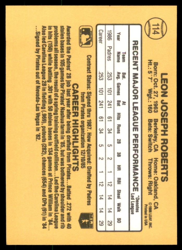 1987 DONRUSS LEON BIP ROBERTS RC PUZZLE #114 | eBay