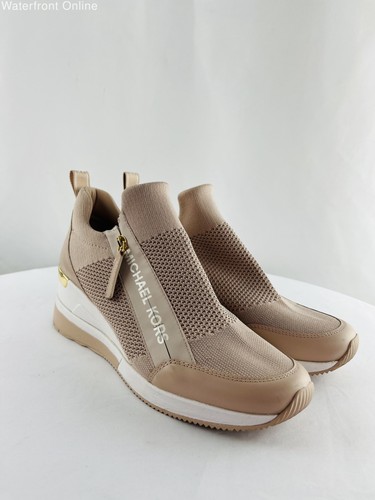 Michael Kors Willis Rose Gold Zip Stretch Knit Wedge Trainers Women's ...