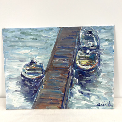 Original Artwork Study 9”x12” Oil On Canvas Panel Boat Dock By Tadeusz ...