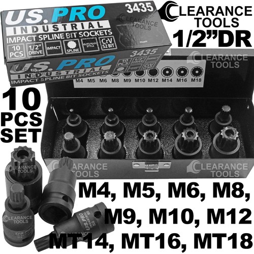 US PRO INDUSTRIAL 10pc 1/2" DR Impact Spline Bit Sockets Set M4 - M18 ...