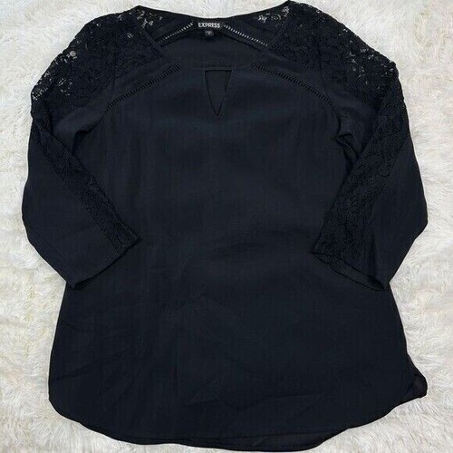 Express Black Blouse Lace Sleeve Keyhole Top Women's Small | eBay