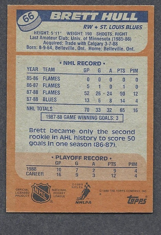 1988/89 TOPPS BRETT HULL ROOKIE CARD #66 | eBay