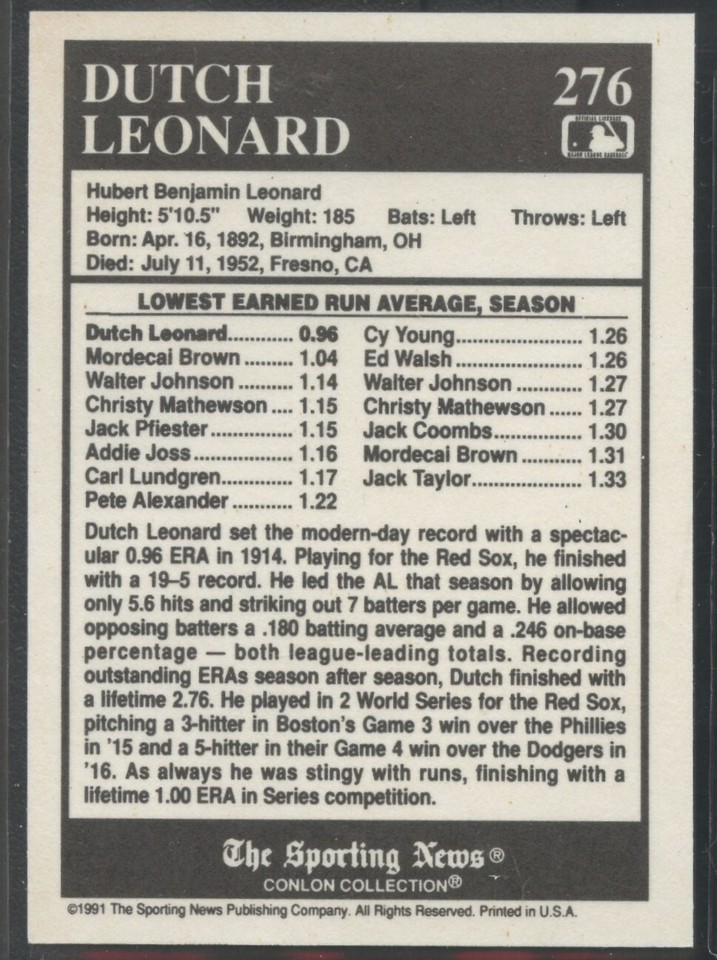 1991 The Sporting News Conlon Collection #276 Dutch Leonard Boston Red ...