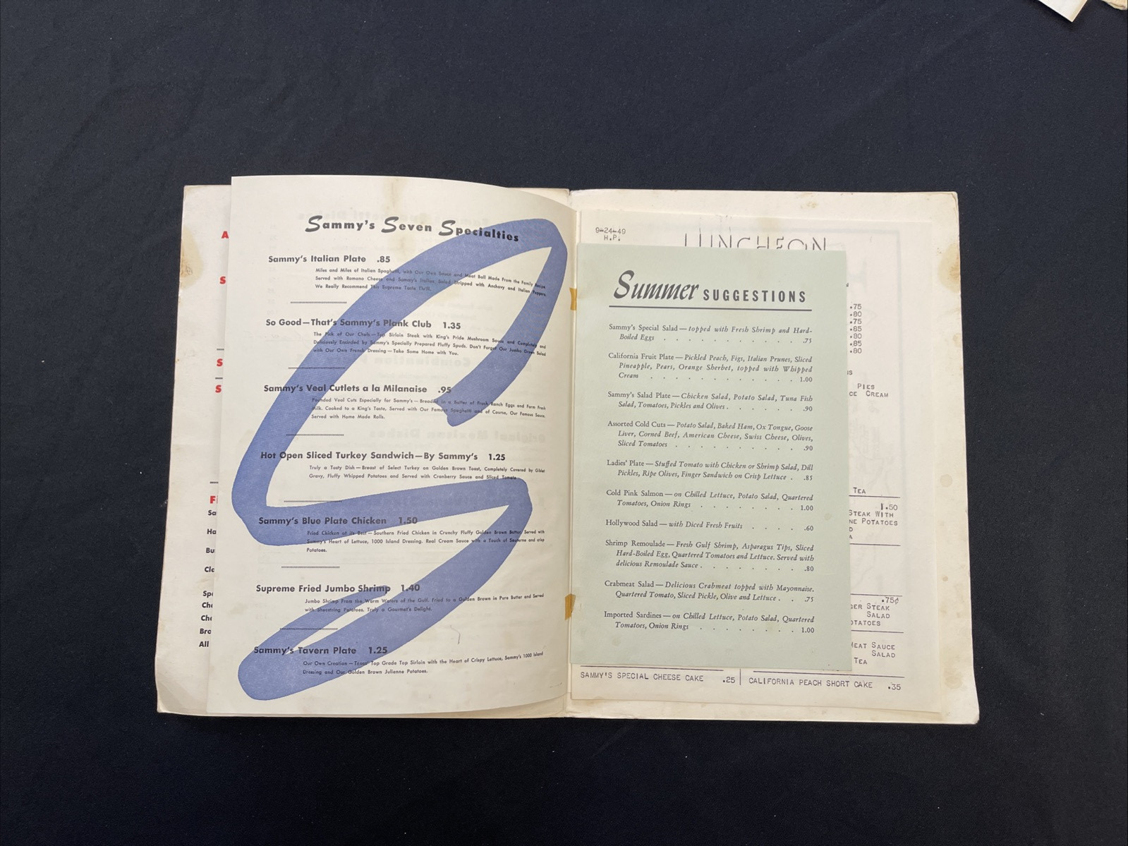 1949 Sammy's Fine Restaurants Menu Dallas Texas Preferred People With ...