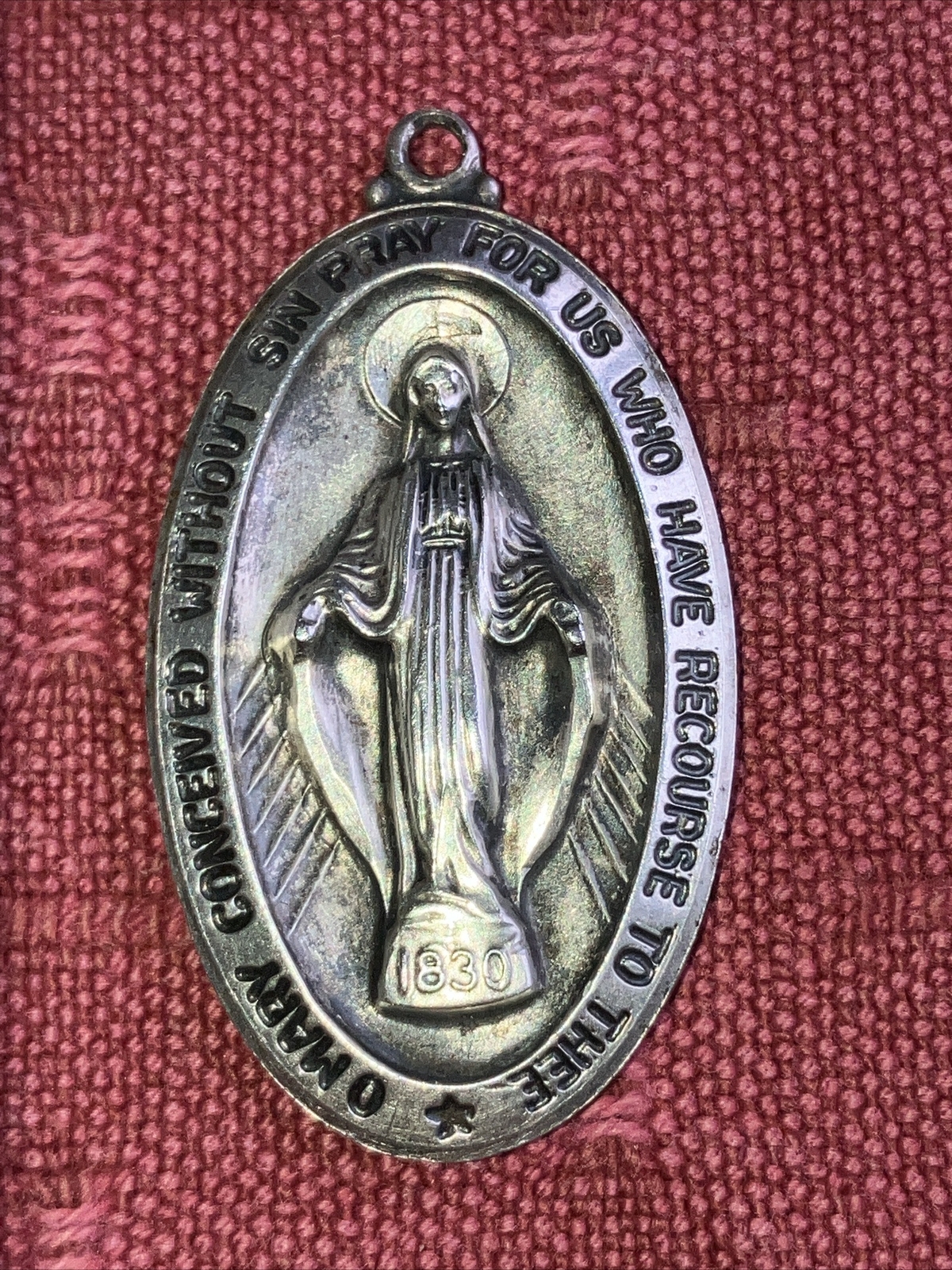 Vintage Sterling Silver Virgin Mary 1830 Medal Pendant PRAY FOR THEDA ...