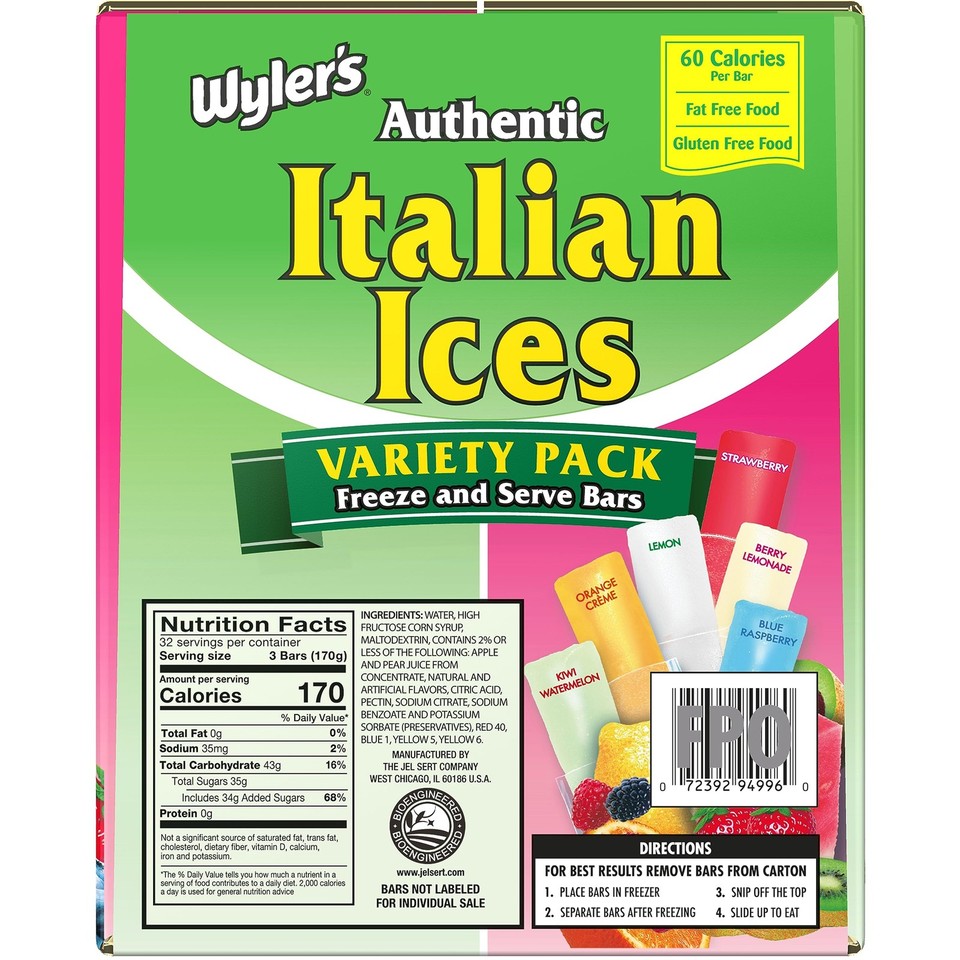 Authentic Italian Ice, Freezer Bars, Assorted Flavors (96ct - 2oz bars ...