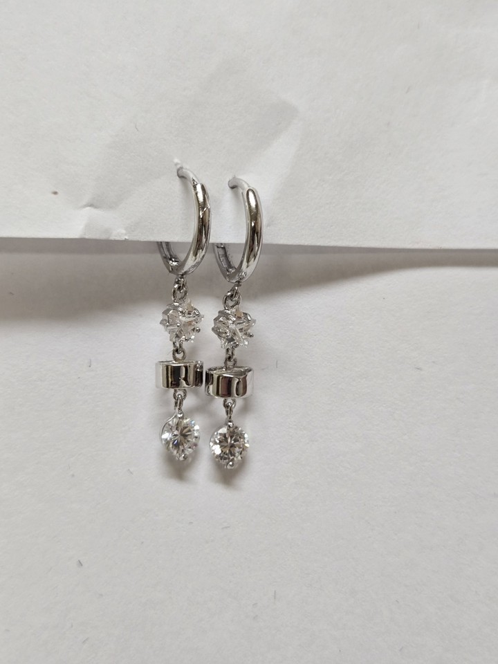 Dangling CZ Huggie Earrings 14k White Gold Star Shape N Round CZ Stone ...