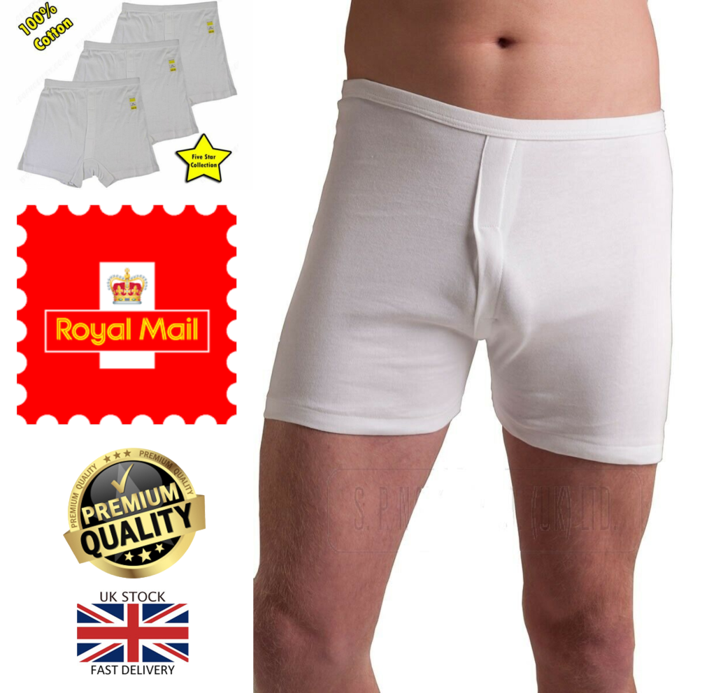 New Men's Multi Pack Interlock 100% Cotton White Trunks With Open Fly ...