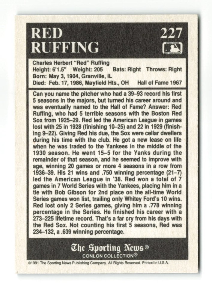 1991 THE SPORTING NEWS # 227 RED RUFFING | eBay