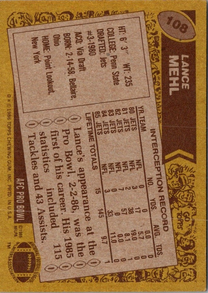 1986 Topps Lance Mehl #108 New York Jets Football Card | eBay