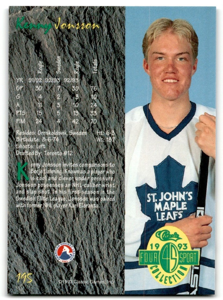 1993-94 CLASSIC 4 SPORT COLLECTION KENNY JONSSON ST ST. JOHN'S MAPLE ...