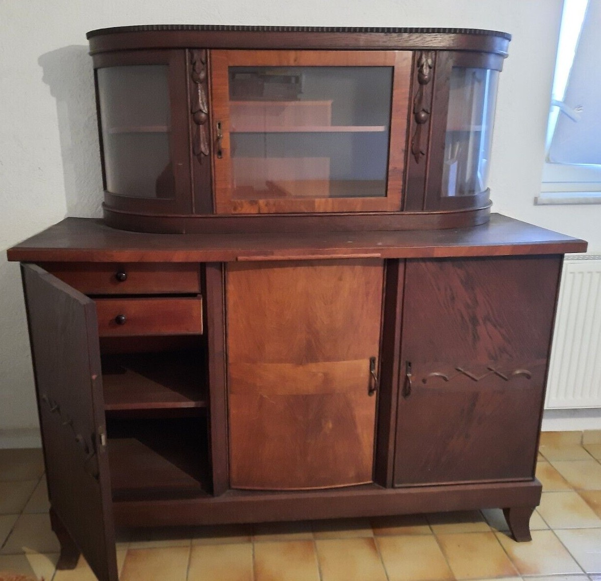 Antik Buffet Küchenschrank Schrank mit Aufsatz Glastür und Seitenteil ...