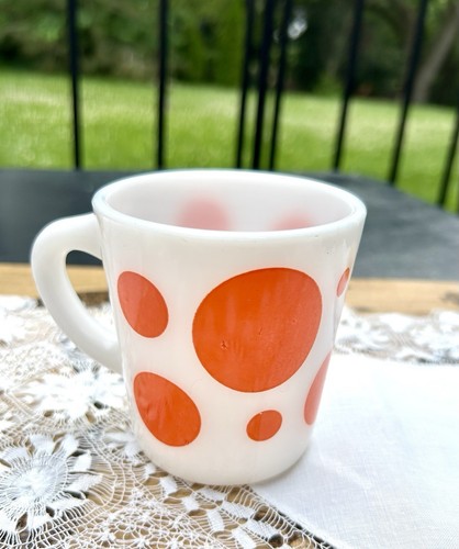 Vintage Anchor Hocking Orange Polka Dots Mug Retro White Glass Atomic ...