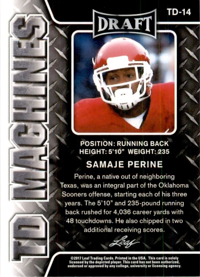 2017 Leaf Draft TD Machines Samaje Perine Rookie Oklahoma Sooners #TD ...