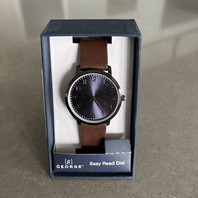 George Men's Sliver Tone Case Analog Watch With Faux Brown Leather ...