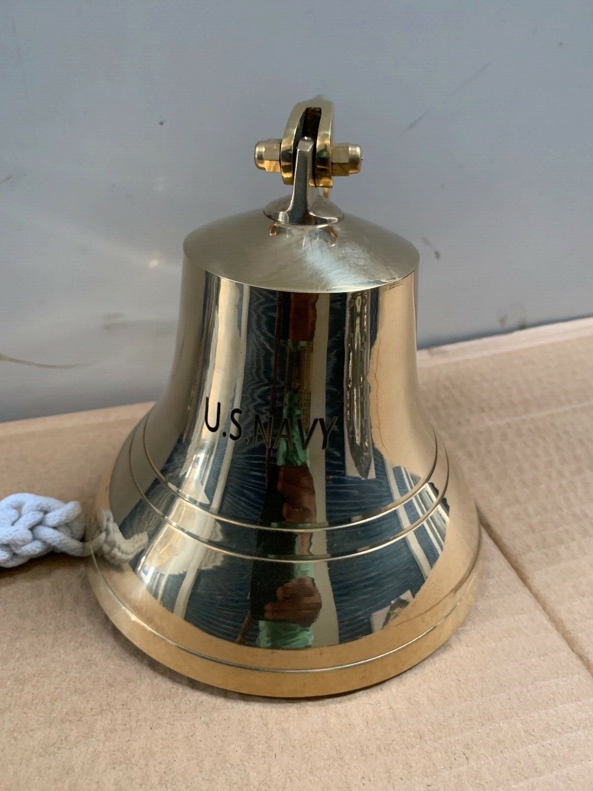8" Brass US Navy Bell Solid Brass Bell with Knotted Lanyard Ship Dinner ...