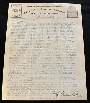 BINGHAMTON, NY ~ PROFESSOR HARRISS EDISON, ASTROLOGER ~ LETTERHEAD 1906 ...