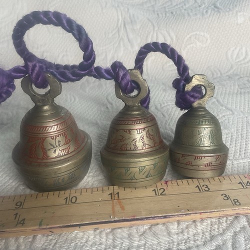 Vintage Brass 3 Bells On A 23" Purple Rope Glass Bell Etched / Ornated ...
