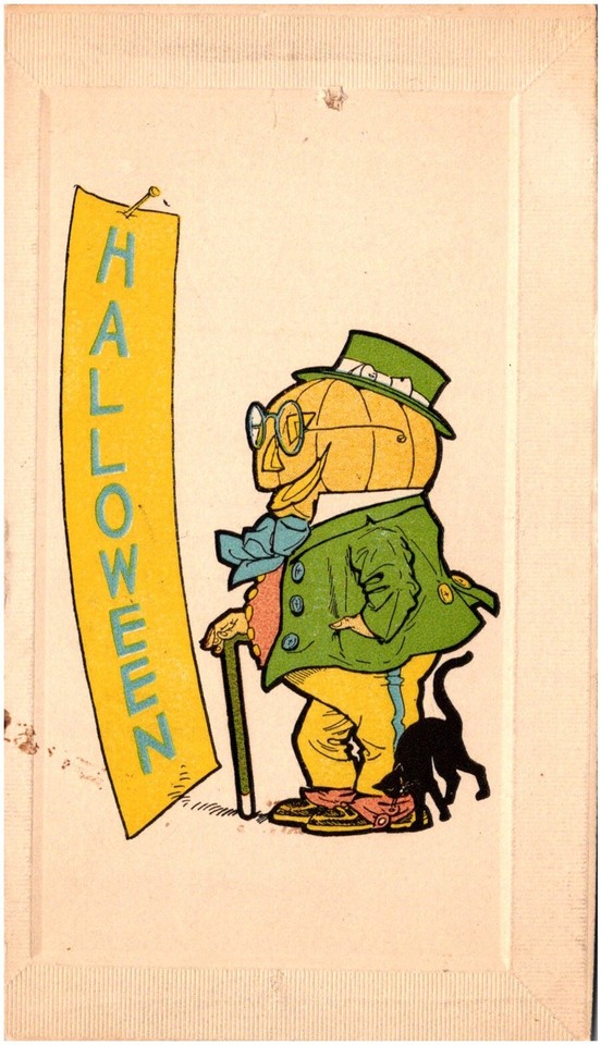 Halloween Jack O Lantern Man w/ Cane & Black Cat 1918 Postcard Gibson ...