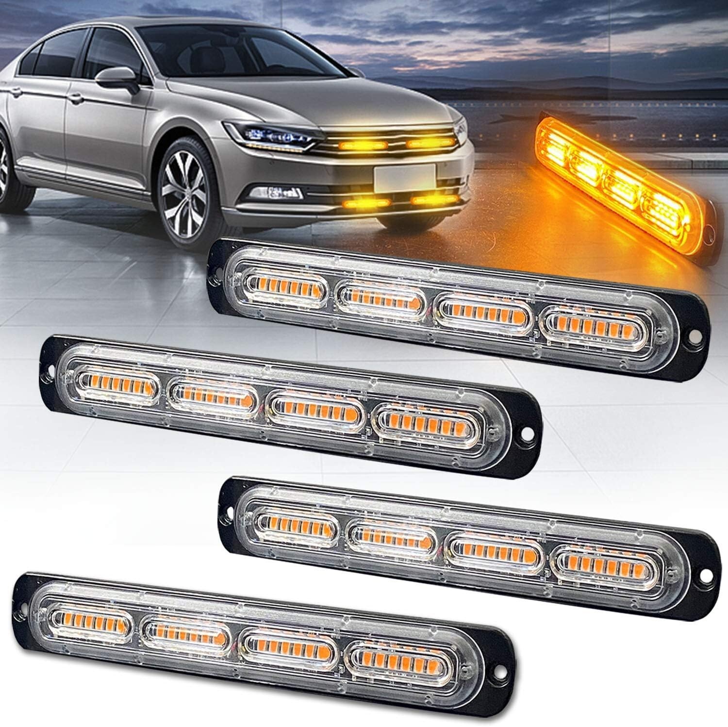 4 Pack Amber LED Strobe Light Front Bumper Hood Indicator DC 12V ...