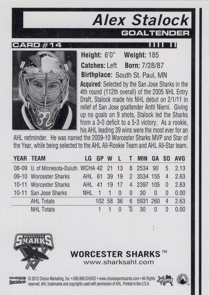 2011/12 Worcester Sharks [#14] ALEX STALOCK (g) | eBay