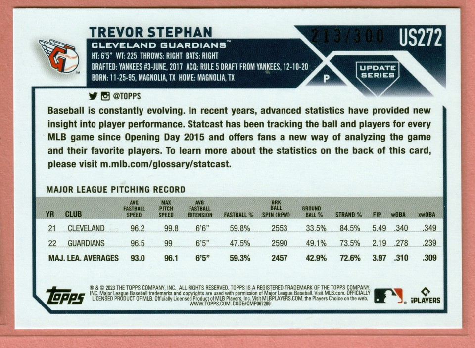 2023 Topps Update Trevor Stephan Advanced Stats #/300 Guardians SP | eBay