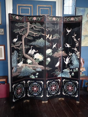 HUGE Mid-Century Modern Antique Chinese Lacquered Wood 4-Panel Screen ...