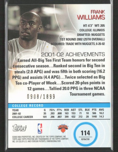 Frank Williams 2002-03 Topps Pristine #114 Refractors /1899 New York ...