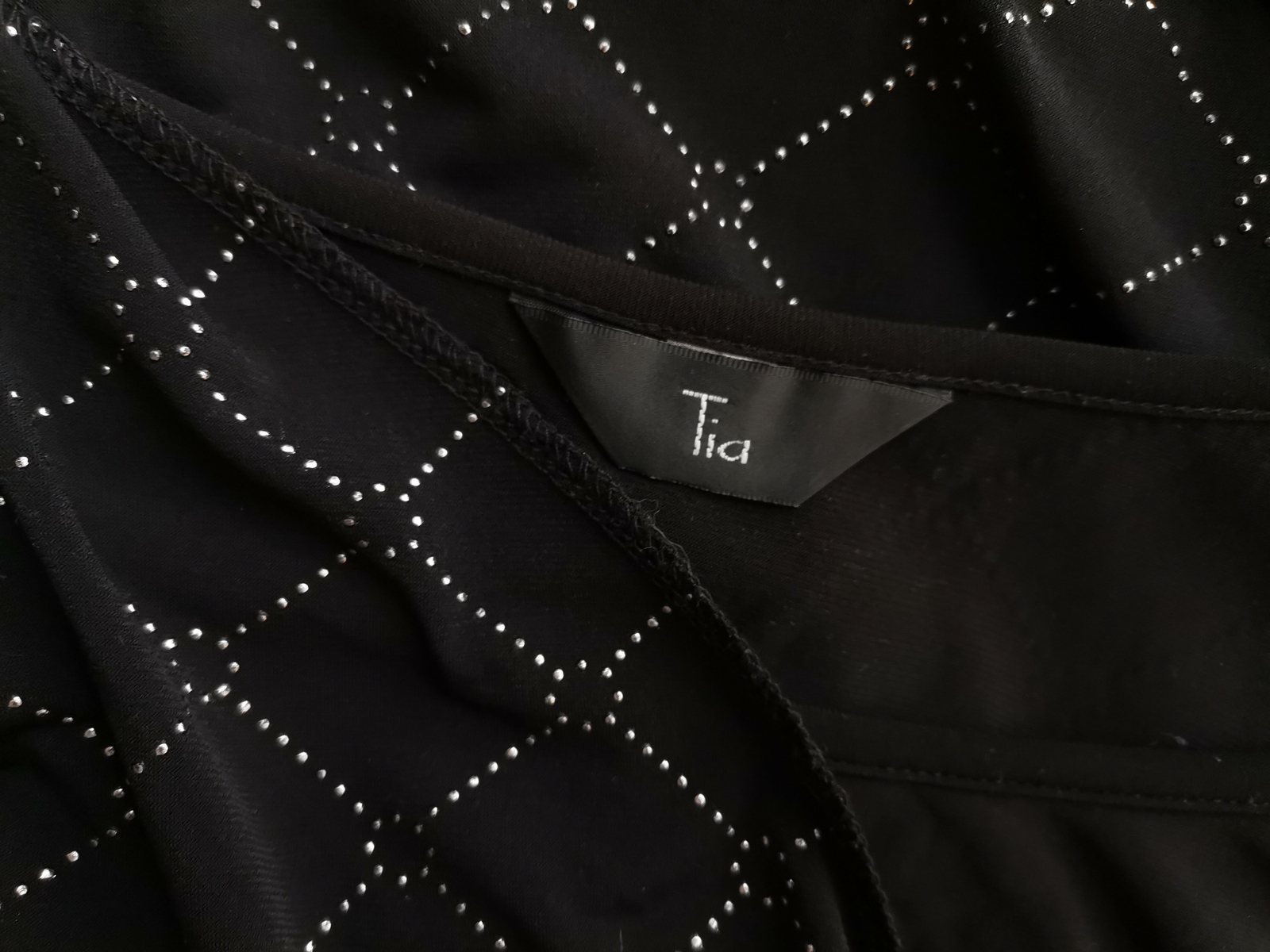 Tia Size 42 Black Tunic Blouse Short Sleeve Diamonds print Crystals | eBay