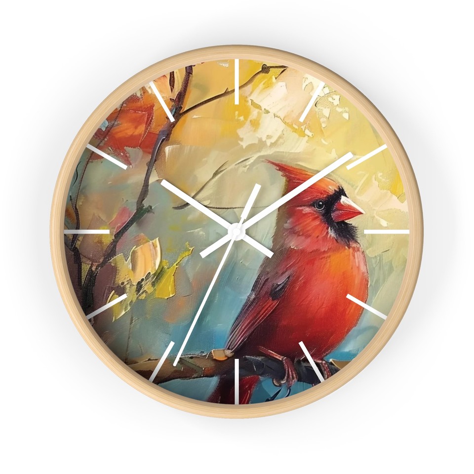 Round Modern Wall Clock Cardinal Tree Bird Silent Analog Clock 10" Wood ...