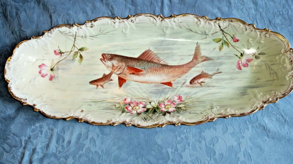 ANTIQUE AKCD KLINGENBERG & DWENGER GOLD RIM FISH SERVICE 15p set 1890 ...