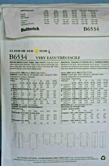 Butterick Pattern 6534 Tunic Coat Pants Mens Misses Sizes Small Med ...