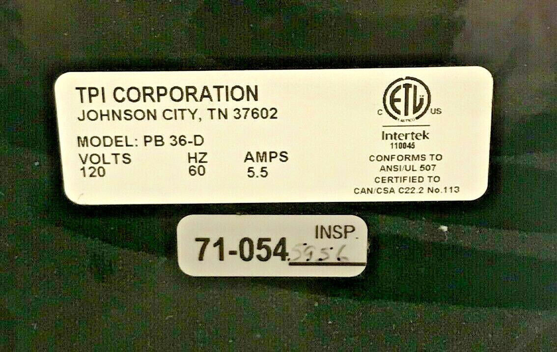 TPI CORPORATION FAN, 36" FACE, MODEL PB 36-D, 120 VOLTS, HZ 60, 5.5 ...