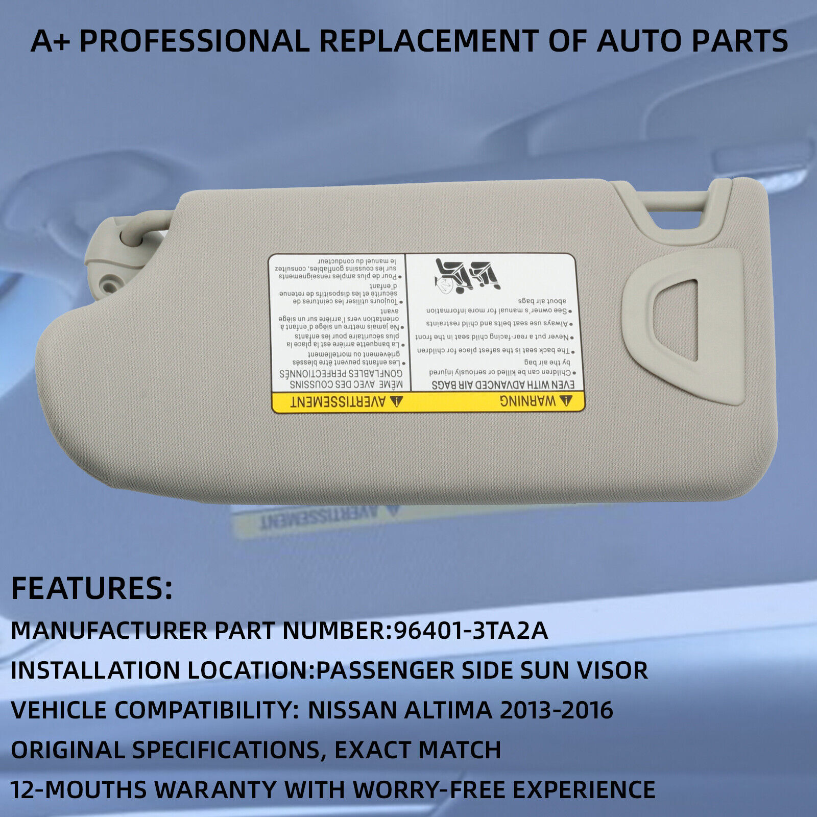 Gray Passenger Side Sun Visor For Nissan Altima 2013-2018 2.5L 3.5L ...
