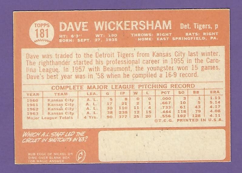 1964 Topps - #181 Dave Wickersham - Detroit Tigers - ExMt (hs) | eBay
