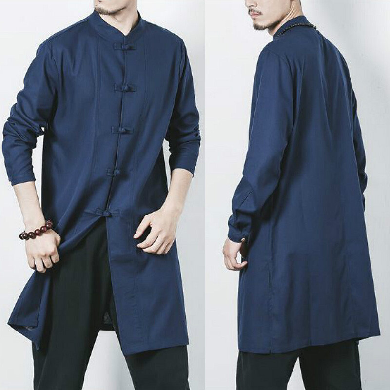 Mens Chinese Kung Fu Long Jacket Top Midi Tang Suit Martial Art Shirt ...