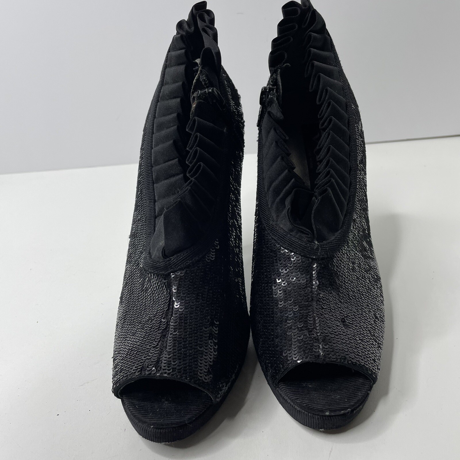 Nina women’s booties size 7.5 sequin ankle Ruffle black Peep toe ...