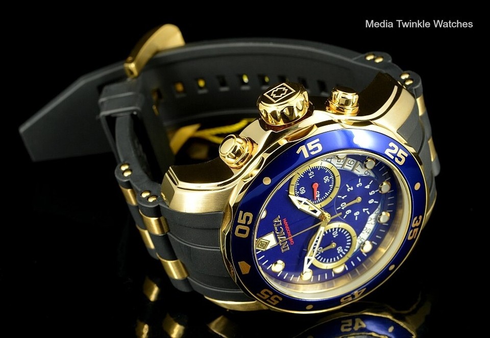 Invicta 48mm Pro Diver Scuba Chronograph 18K Gold Plated Case BLUE Dial ...