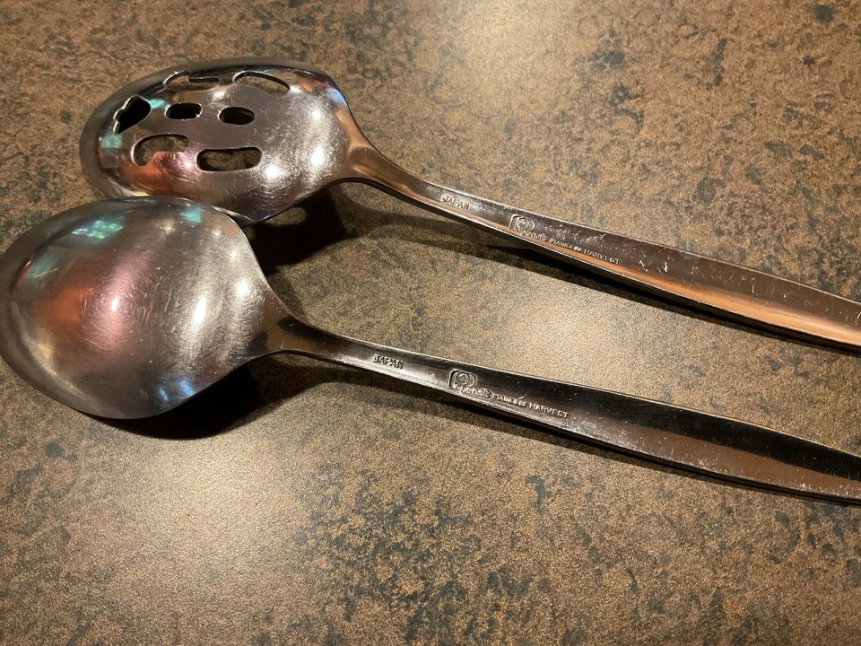 2 Japan Pageant Stainless Harvest Pattern Serving Spoon & Slotted Spoon ...