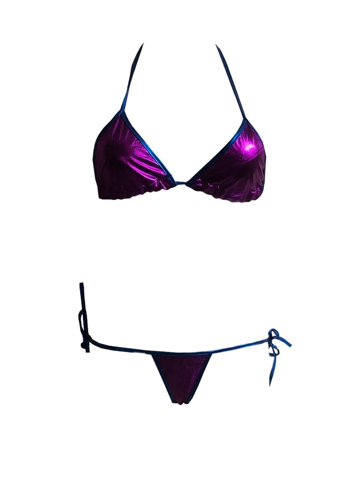 SeXy Metallic Neckholder Bikini Set Micro Lila Blau Gogo Dessous S/M/L ...