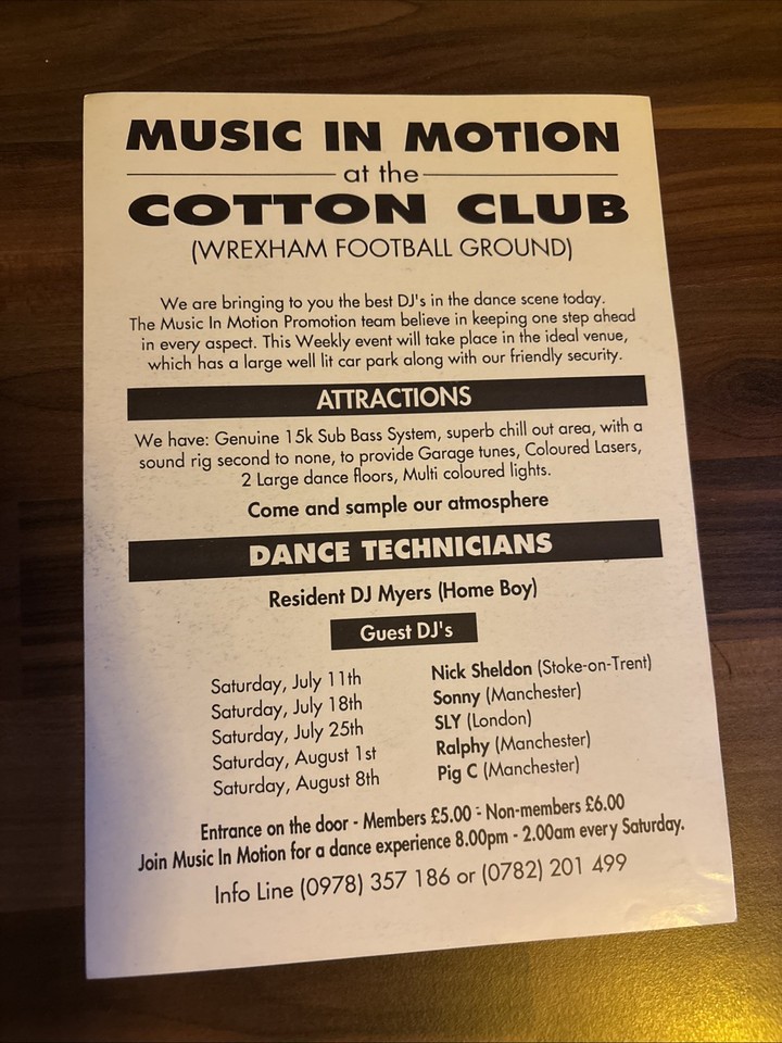 Music In Motion Rave Flyer , Cotton Club , A5 , 92 | eBay UK