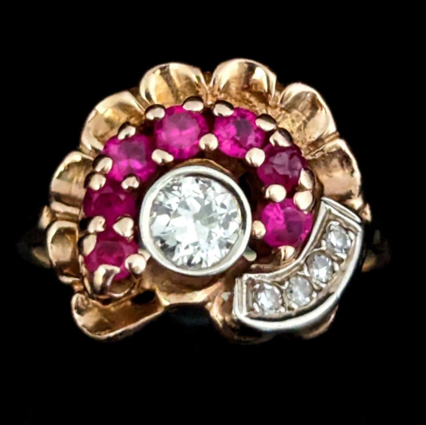 1940s Retro Era Old European Cut Diamond Ruby 14k Gol… - Gem