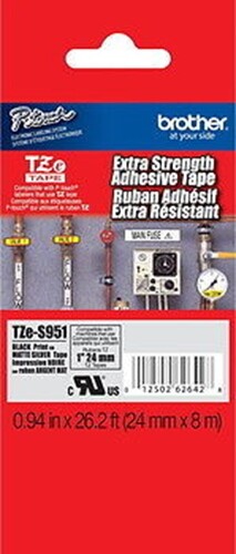 Brother TZeS951 1" Black on Silver Extra Strength Tape for PT9600, PT ...
