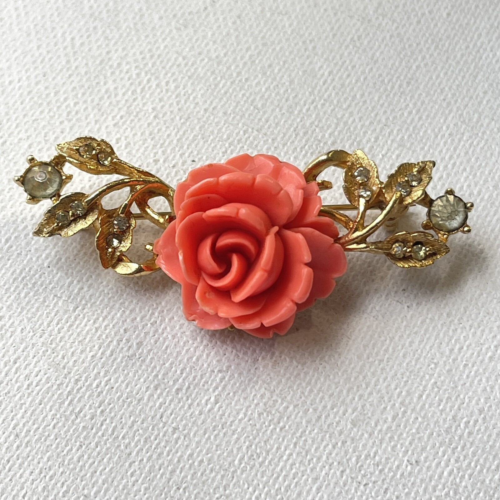 Vintage BSK Faux Coral Rose Flower Rhinestone Gold To… - Gem