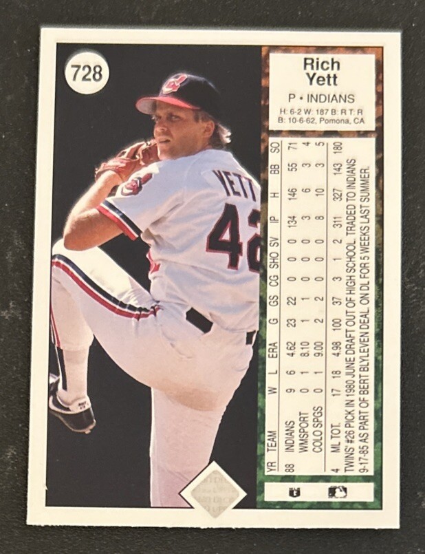 1989 Upper Deck Rich Yett Baseball Card #728 Indians Pitcher VG O/C | eBay