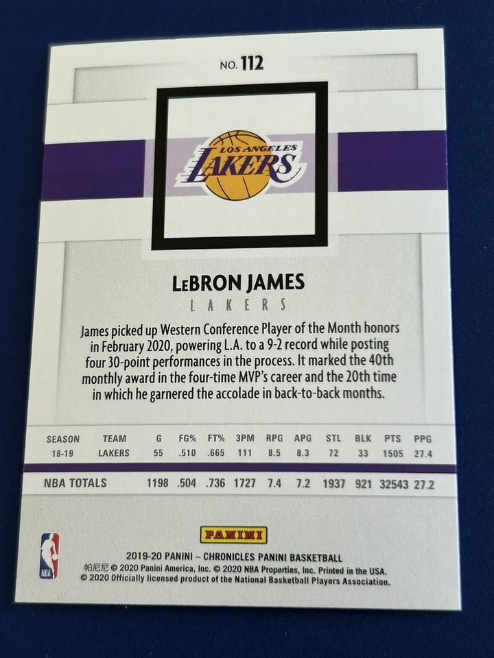 LeBron James 2019-20 Chronicles Panini Basketball Card # 112 Los ...