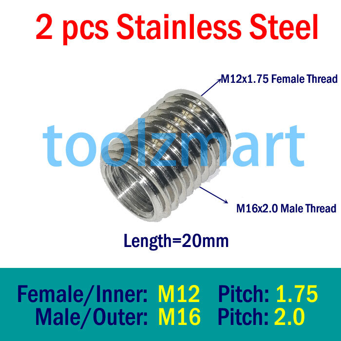 2x M12 M12x1.75 Female M16x2.0 M16 Male Thread Insert Reducer Adapter ...