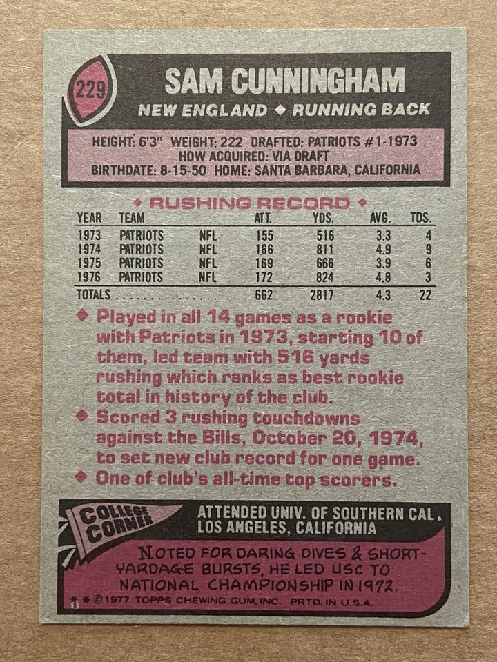 SAM “BAM” CUNNINGHAM Signed 1977 Topps #229 Patriots USC Trojans ...