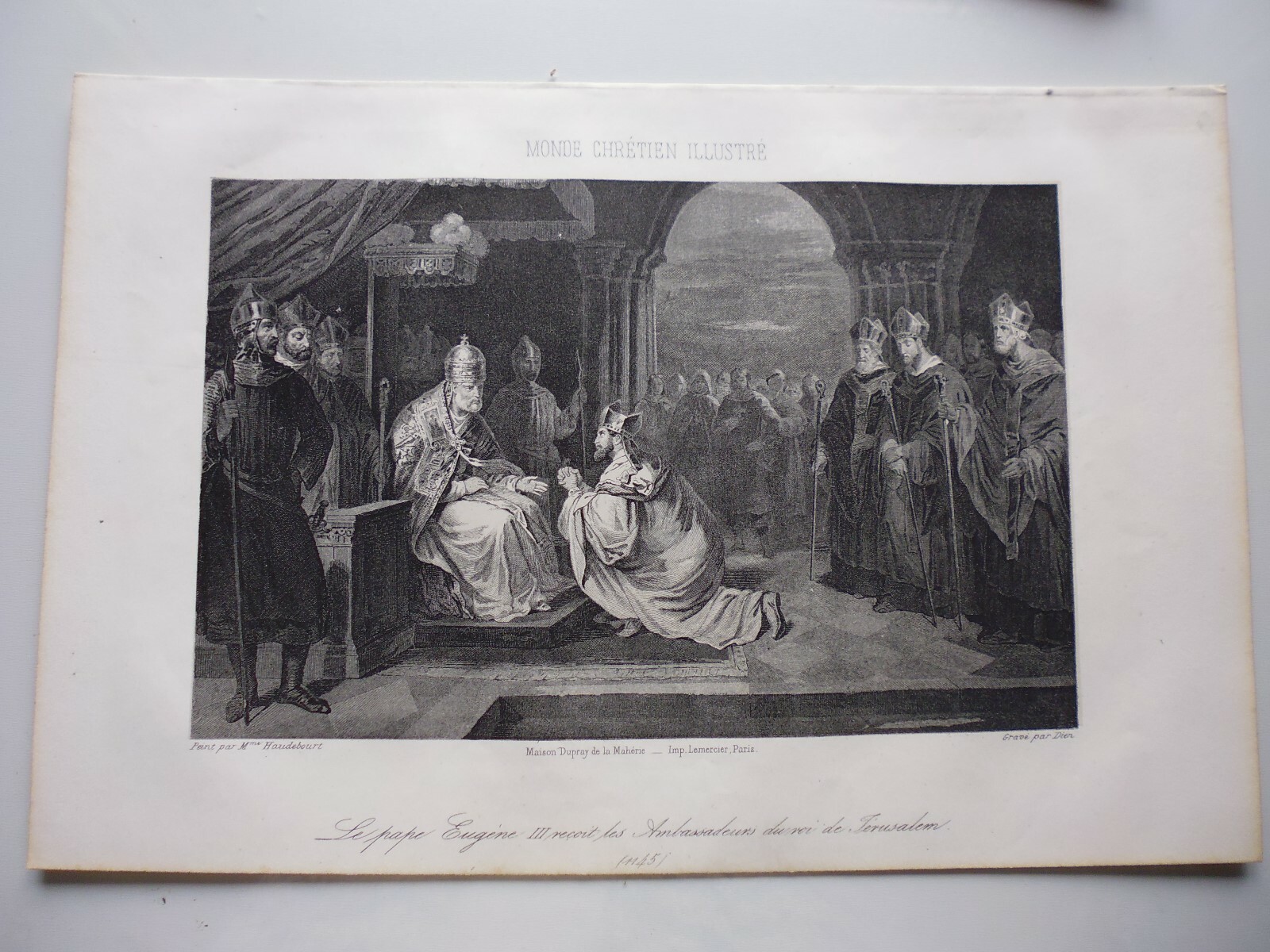 gravure N/B 19°:Le Pape EUGENE III et les ambassadeurs du roi de ...